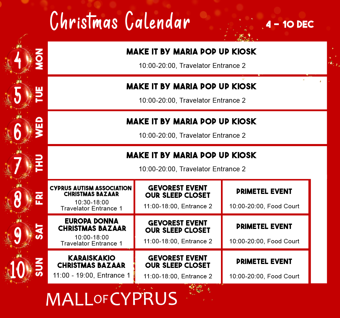 Christmas Weekly Calendar | Mall of Cyprus